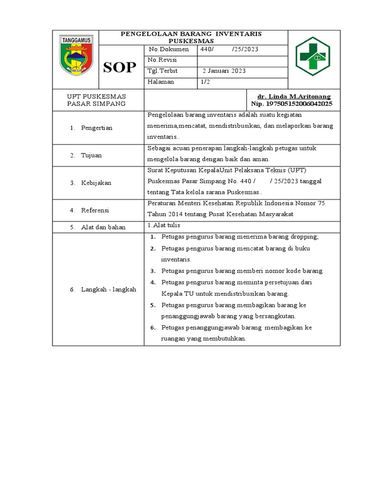 Sop Pengelola Inventaris Puskesmas | PDF