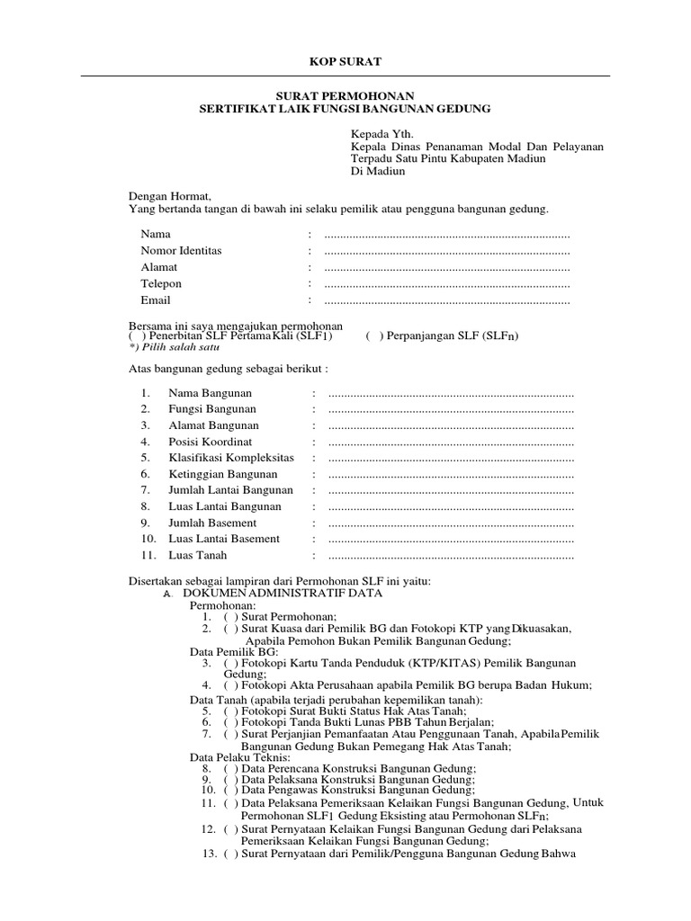 Permohonan SLF Sertifikat Laik Fungsi | PDF | Teknologi & Rekayasa