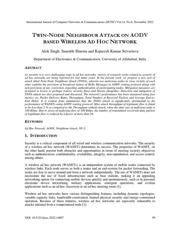 Twin-Node Neighbour Attack On Aodv Based Wireless Ad Hoc Network | PDF | Wireless Ad Hoc Network ...