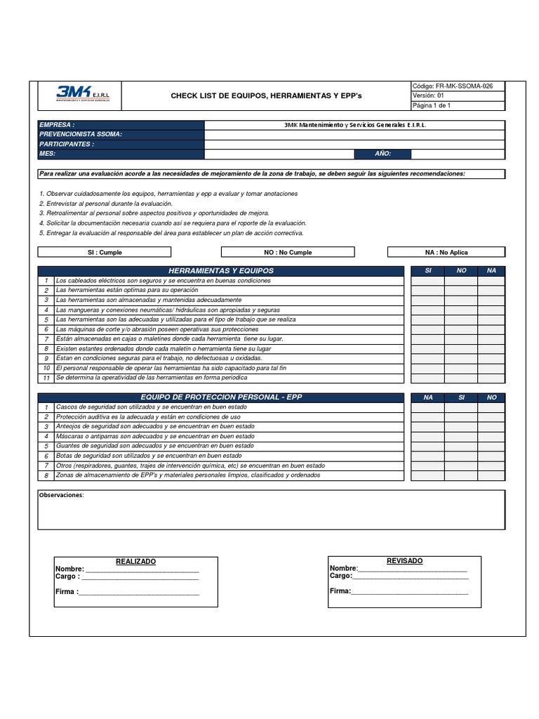FR-MK-SSOMA-026 Check List de Equipos, Herramientas y EPP | PDF FR-MK-SSOMA-026 Check List de Equipos, Herramientas y EPP | PDF