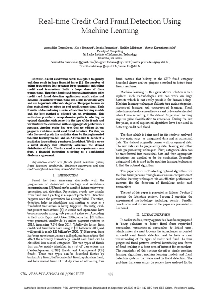 Real Time Credit Card Fraud Detection Using Machine Learning Pdf Machine Learning