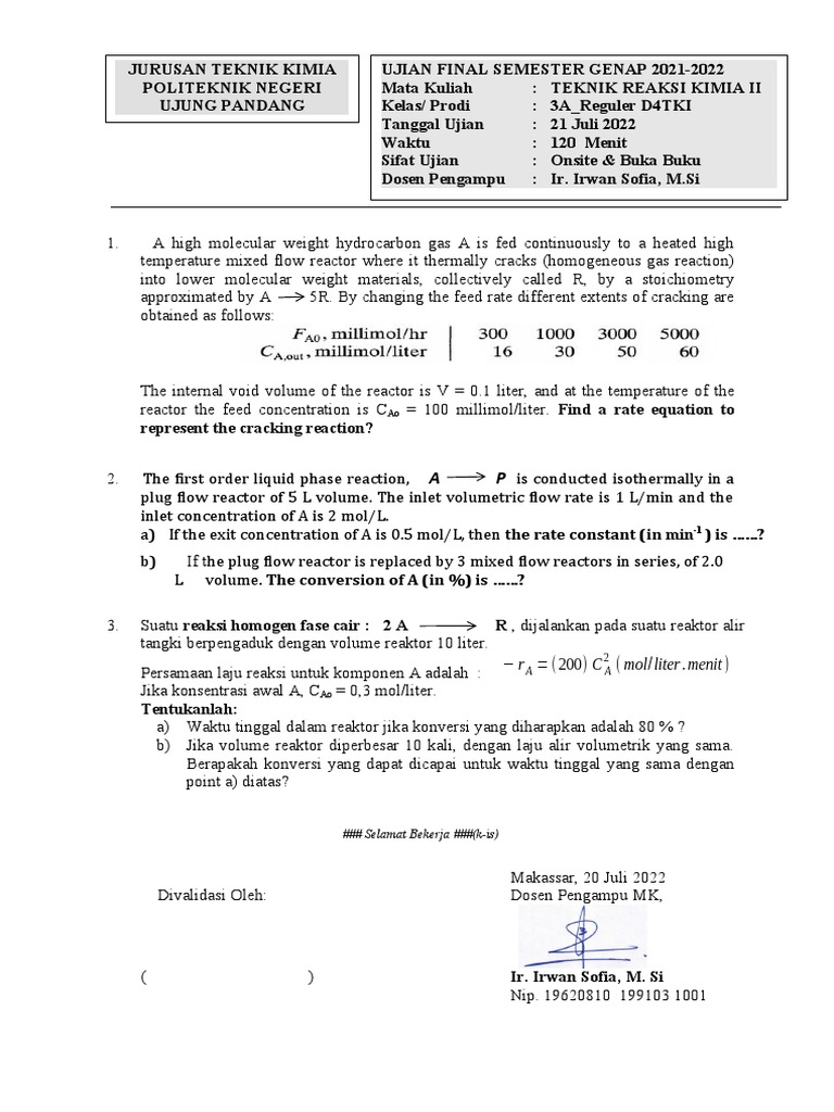 Soal UAS TRK - II Kelas 3 - Reguler Sem. Genap 2021-2022 | PDF | Physical Chemistry | Chemical ...