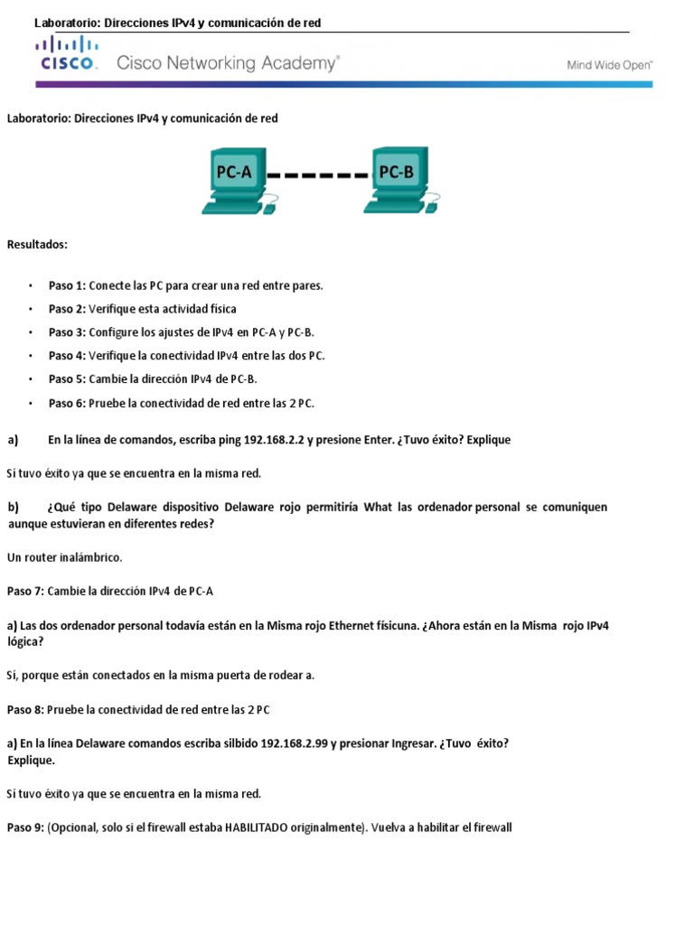 3.4.4.3 Lab - IPv4 Addresses and Network Communications - Resuelto | PDF
