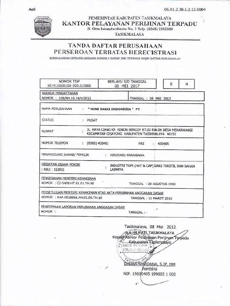 TDP, NPWP, Nik, Niper PT Hini Daiki Indonesia | PDF