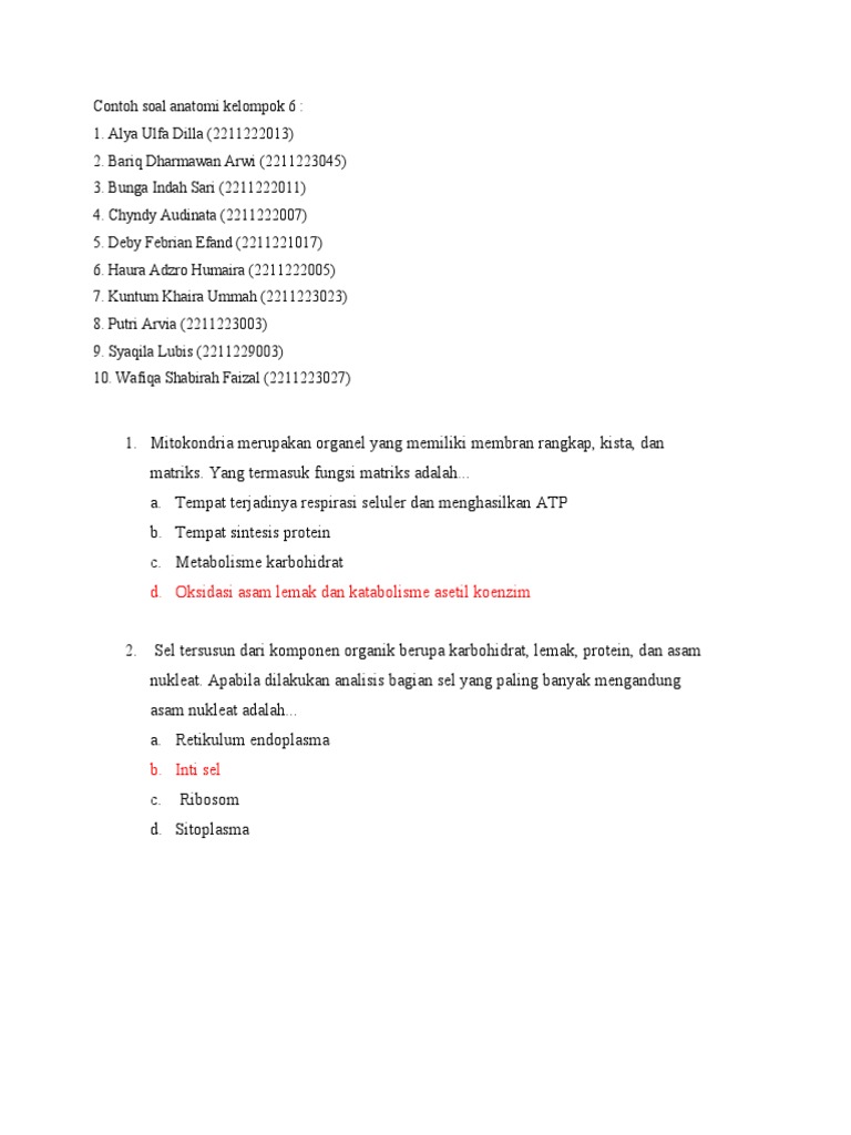 Contoh Soal Anatomi - Kelompok 6 A1 | PDF Contoh Soal Anatomi - Kelompok 6 A1 | PDF