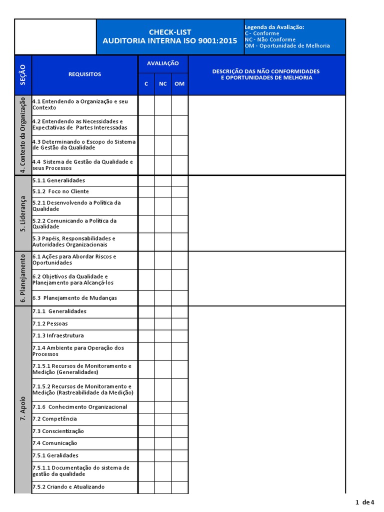 Check-List de Auditoria Da ISO 9001-2015 | PDF | Qualidade (negócios) | Gestão de qualidade
