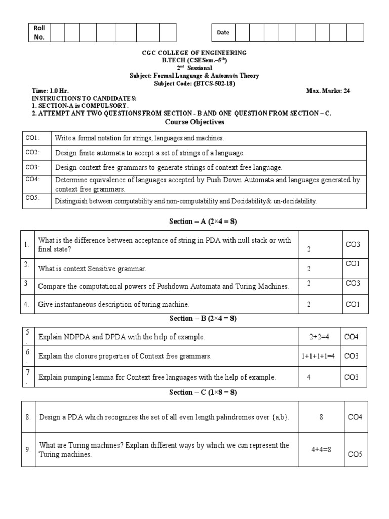 Flat BTCS-502-18 MST-2 | PDF | Models Of Computation | Theoretical Computer Science