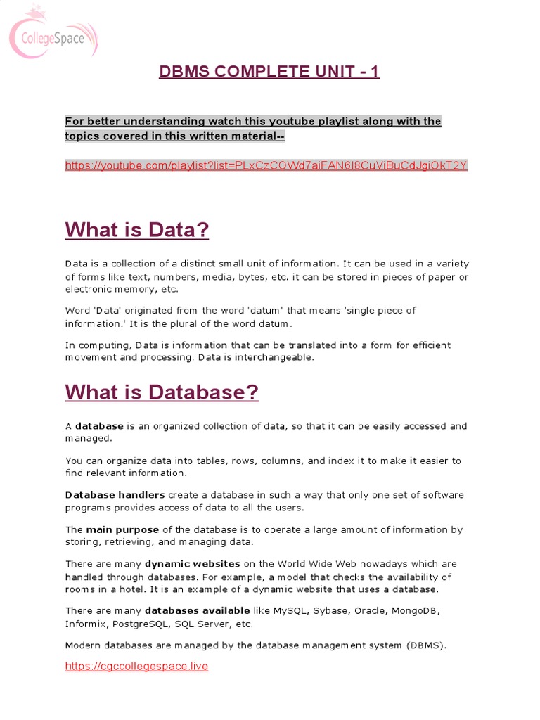 DBMS Unit - 1 | Download Free PDF | Relational Database | Databases