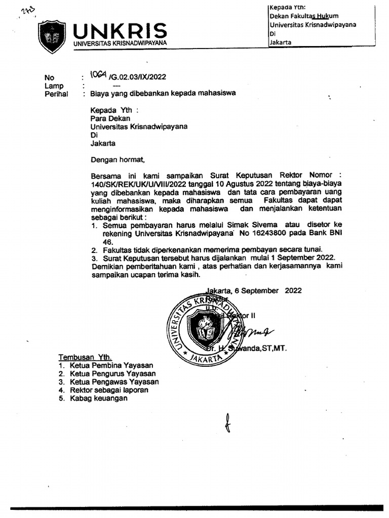 SK Biaya Administrasi Mahasiswa Unkris | PDF