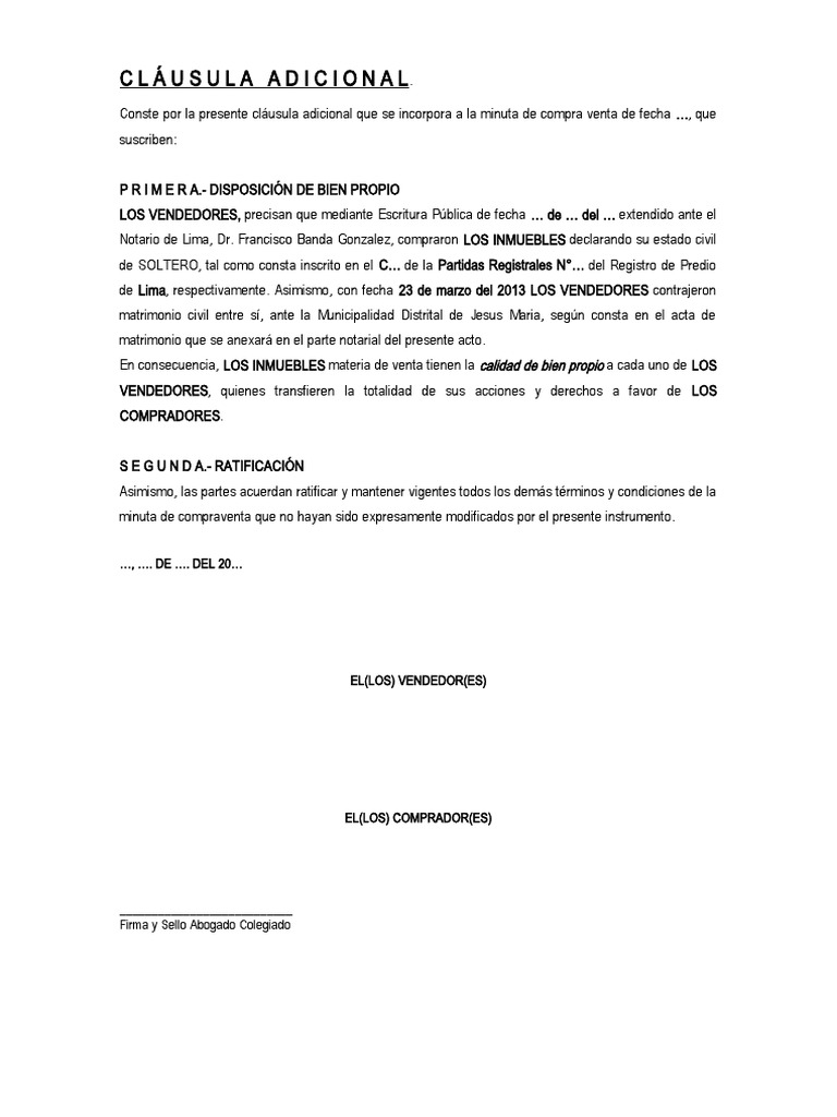 Cláusula Adicional Minuta CV - Bien Propio | PDF | Finanzas y dinero | Derecho
