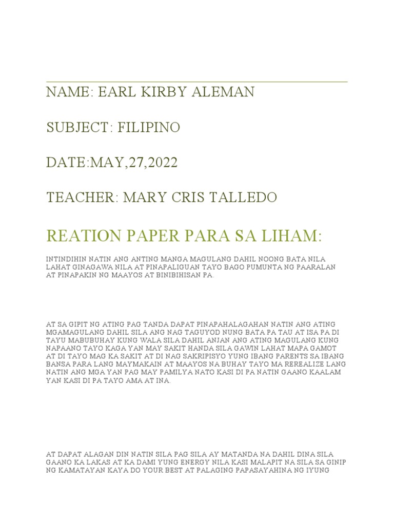 FILIPINO Liham Reaction Paper | PDF