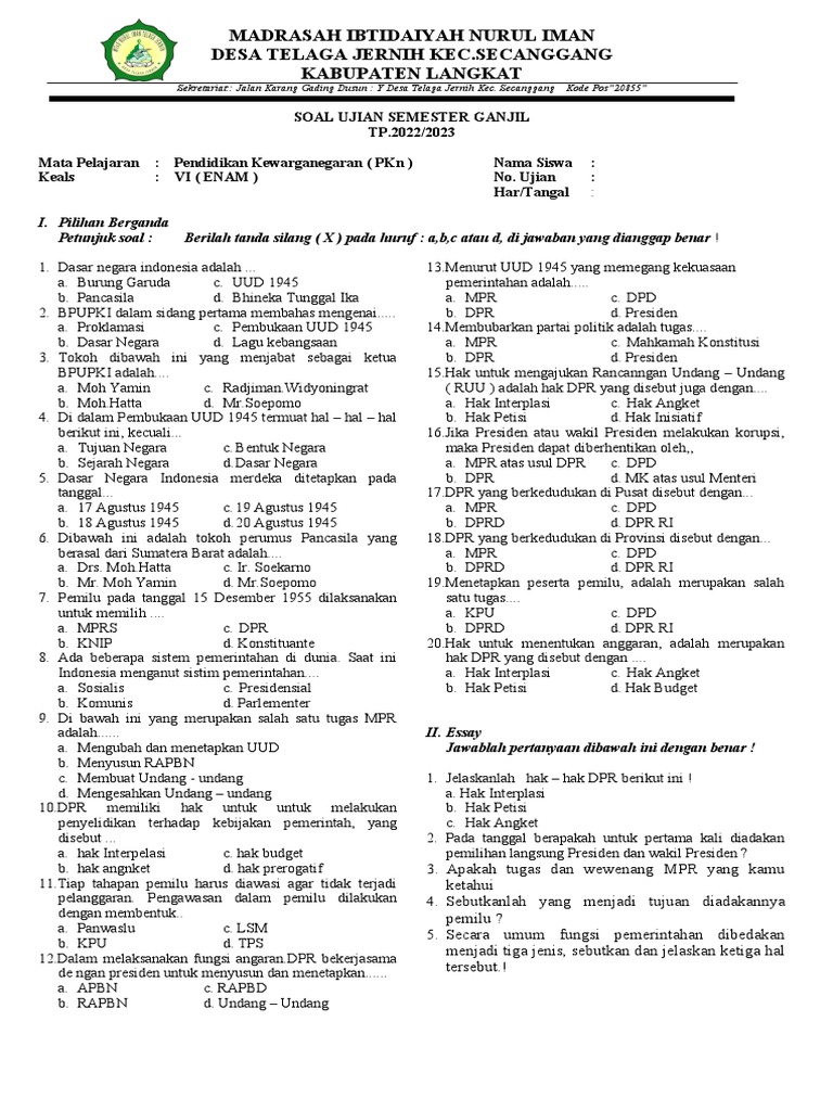 Soal Semester Ganjil Kelas 6 | PDF