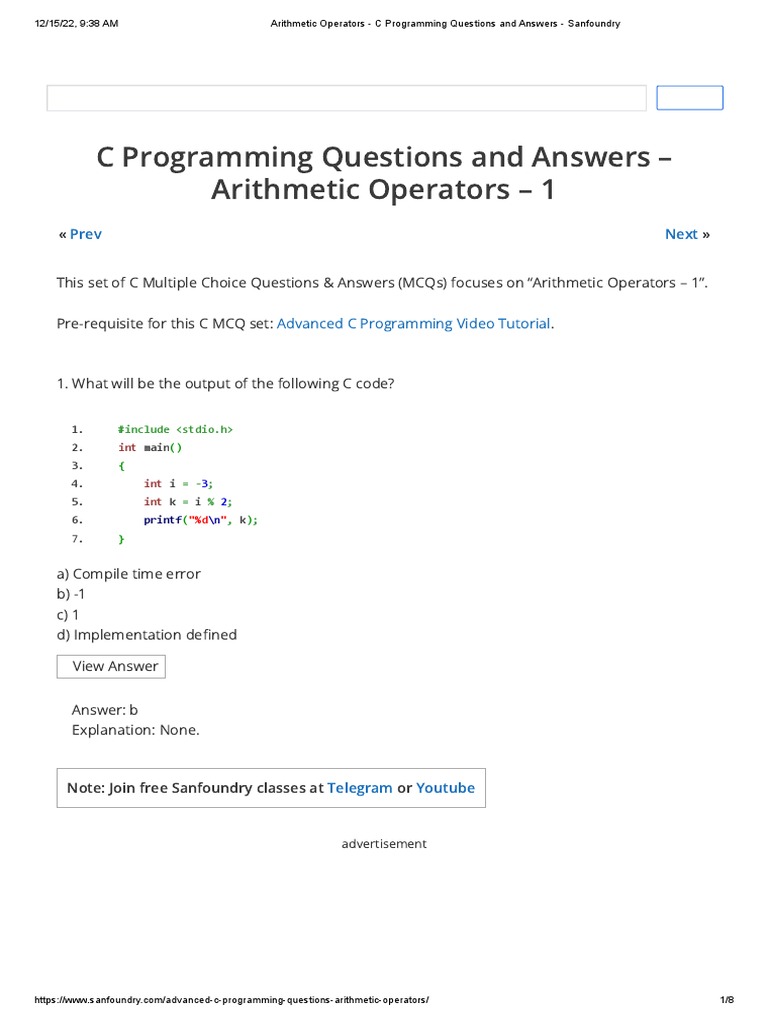 Arithmetic Operators - 1 | Download Free PDF | C (Programming Language) | Multiple Choice