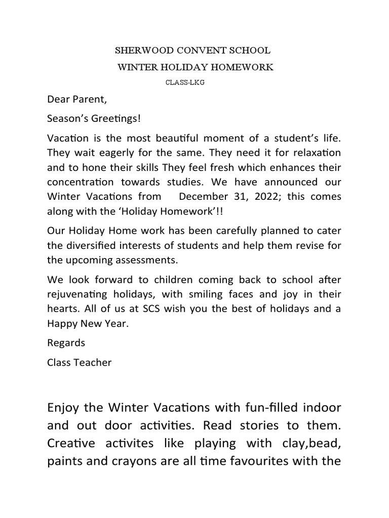 Sherwood Convent School Provides Detailed Winter Holiday Homework ...
