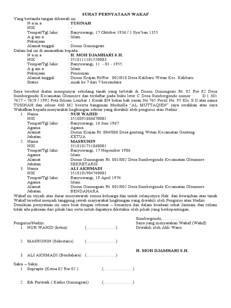 Contoh Surat Pernyataan Wakaf Mushola | PDF