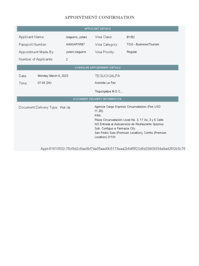 US Visa Appointment Confirmation Details | PDF | Travel Visa ...