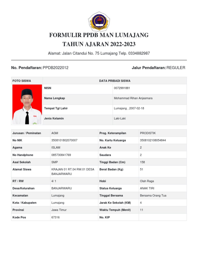 Formulir PPDB MAN Lumajang 2022-2023 | PDF