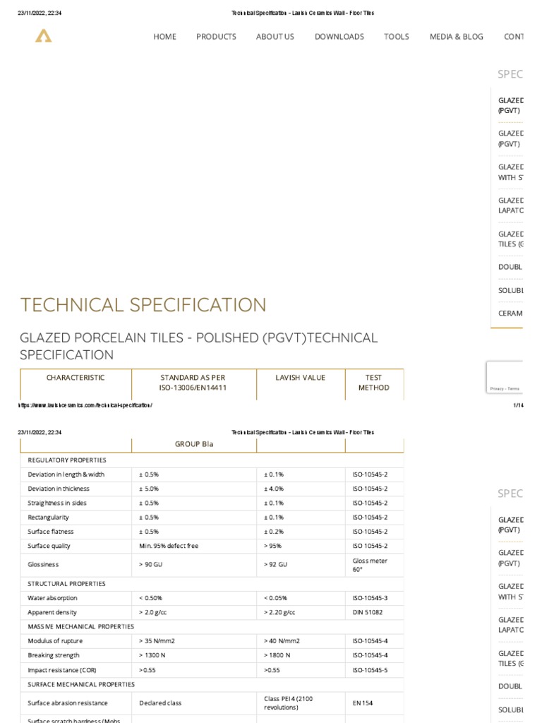 Technical Specification - Tiles | PDF | Tile | Hardness