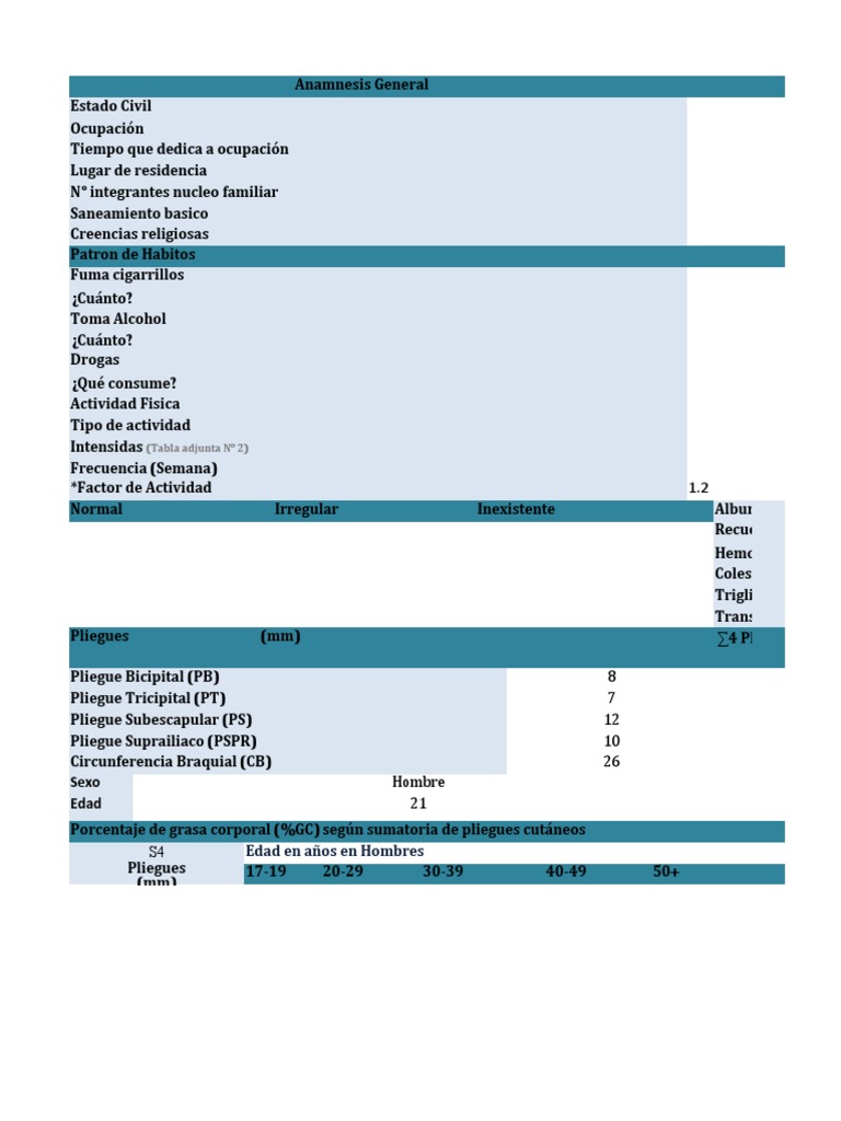 Idoc - Pub - Planilla Excel Antropometria | PDF | Especialidades Medicas | Bioquímica