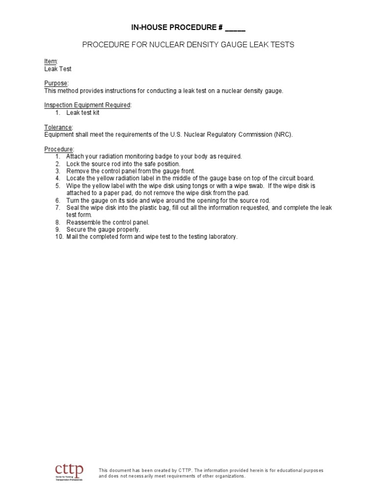 Leak Test Density Gauge in House Procedur4 | PDF | Science & Mathematics