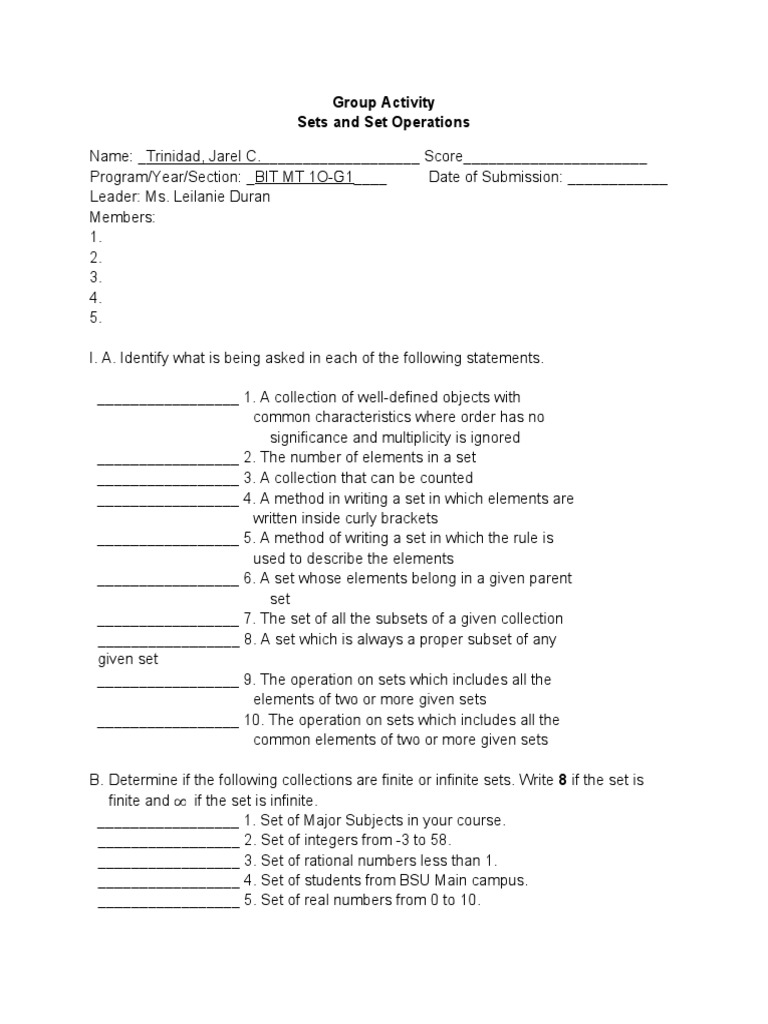 Lesson 2.3 Group Activity Sets and Sets Operations | PDF | Set ...