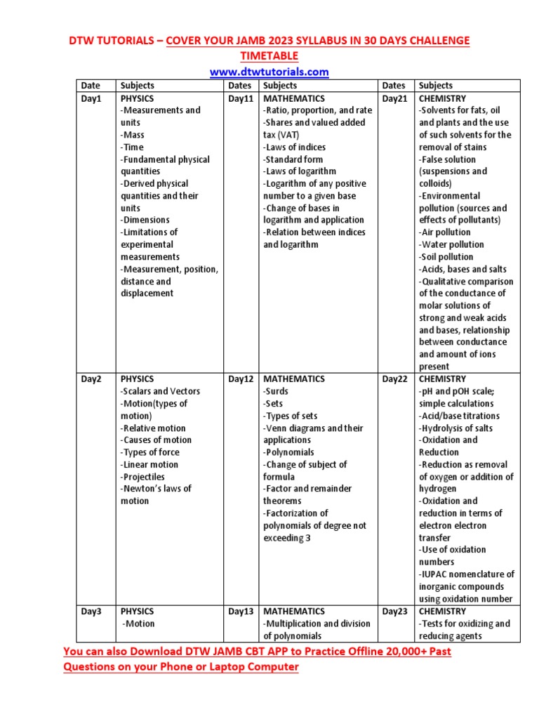 Phy Chem Math Eng Timetable - DTW Tutorials Jamb 2023 | PDF | Redox | Chemistry