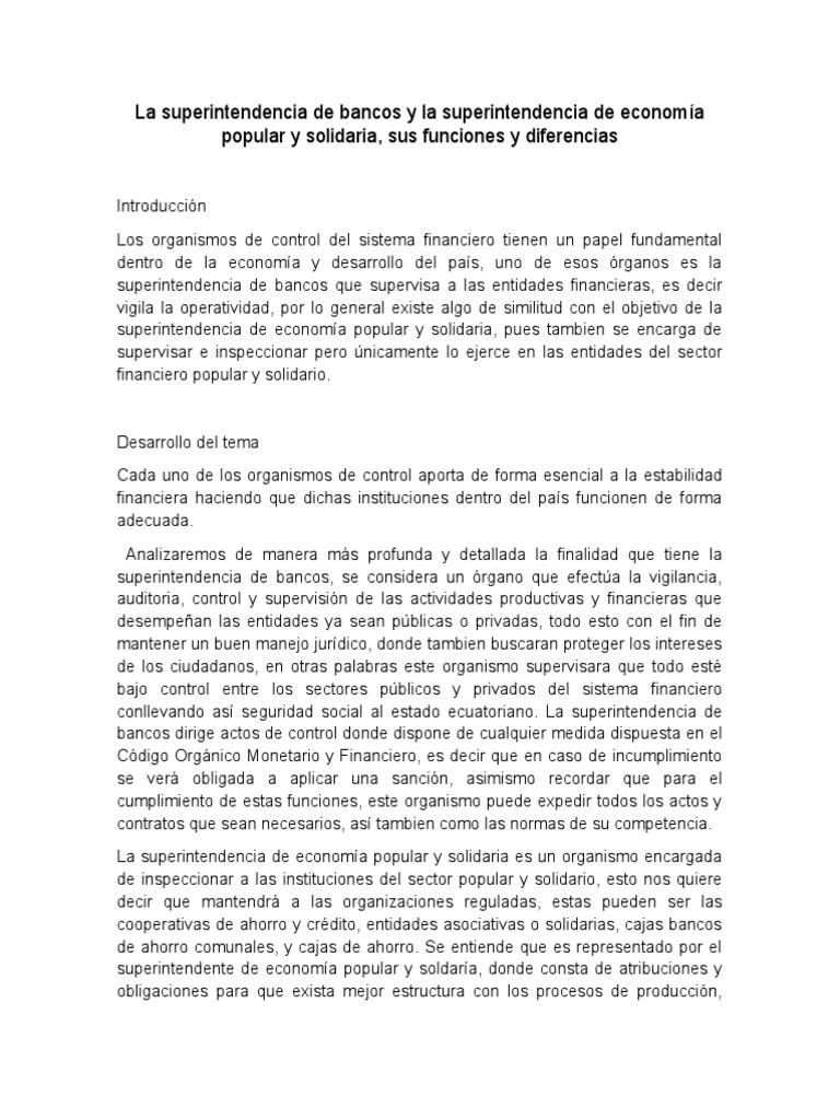 La Superintendencia de Bancos y La Superintendencia de Economía Popular y Solidaria | PDF ...