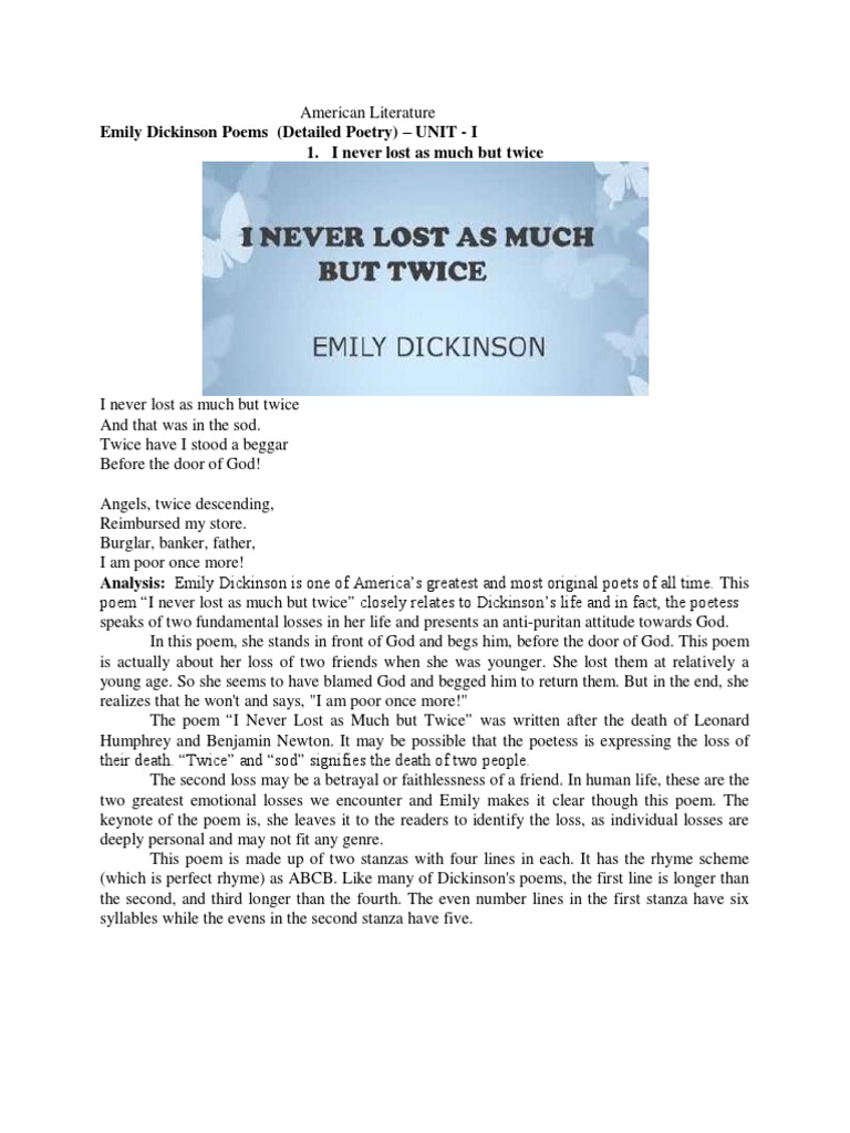 101-American Literature-Unit I - Detailed Poems - Emily Dickinson Poems ...