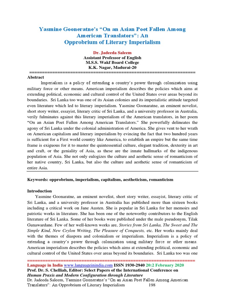 An Opprobrium of American Literary Imperialism: An Analysis of Yasmine ...