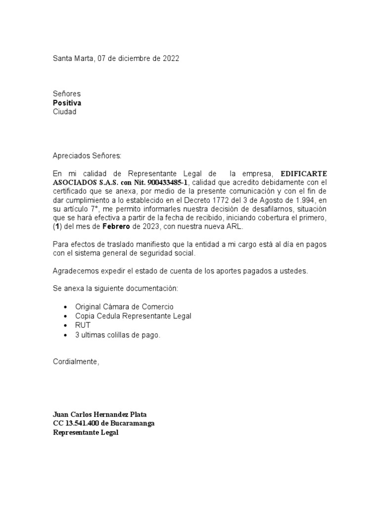 Carta Traslado Arl | PDF