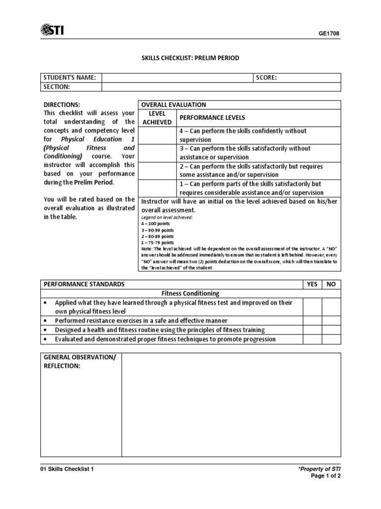 Skills Checklist PE Prelim | PDF | Physical Fitness | Educational ...