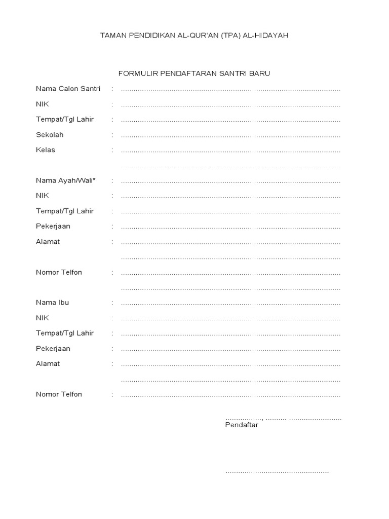 Formulir Pendaftaran Santri Baru | PDF