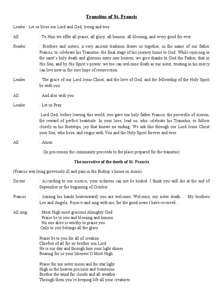 Transitus of St. Francis Celebration | PDF | God In Christianity ...