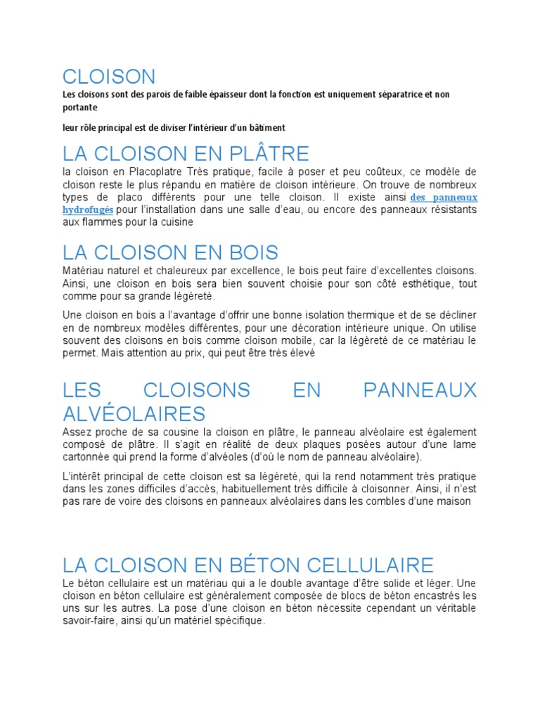 Types de cloisons et leurs avantages | PDF | Bois (matériau de ...