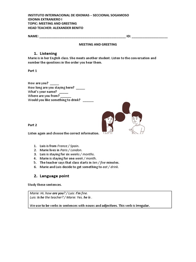 Worksheet 1 Meeting and Greeting | PDF | English Language | Cognitive ...