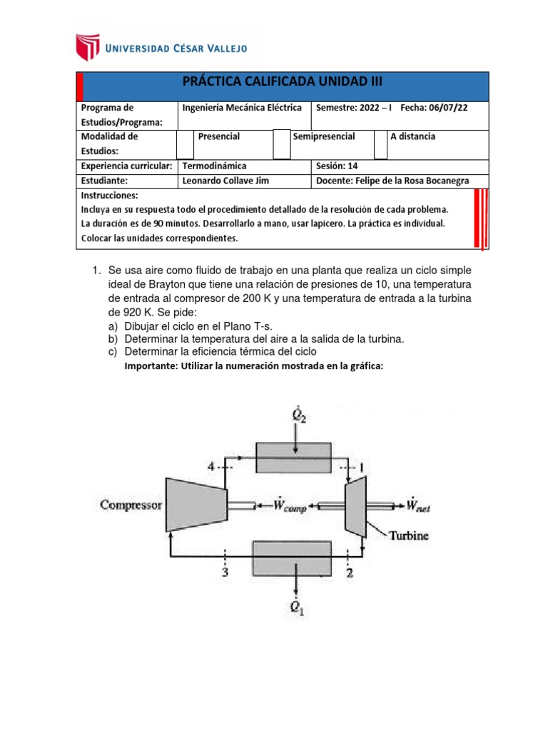 Practica Calificada 3 Termodinamica B | PDF