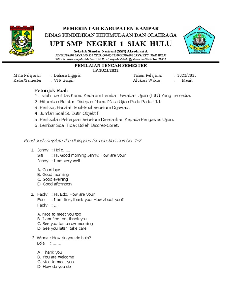 Soal PAS Ganjil Bing 2022 Kelas 7 | PDF