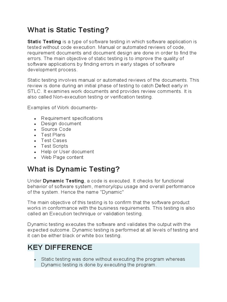 Static Testing Vs Dynamics Testing | PDF | Software Testing | Software Bug