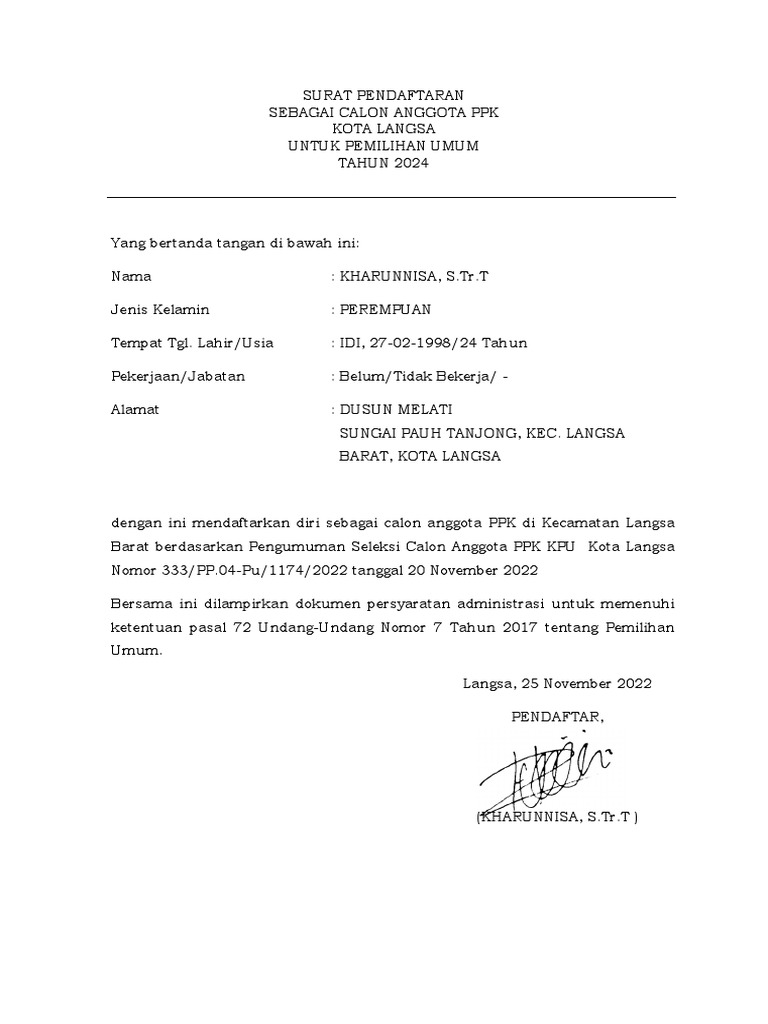 Surat Pendaftaran Kharunnisa, S.TR.T | PDF