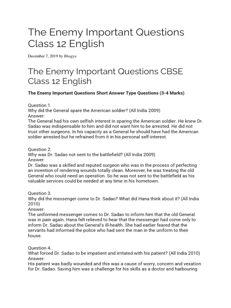 The Enemy Important Questions Class 12 English | PDF | Surgery ...