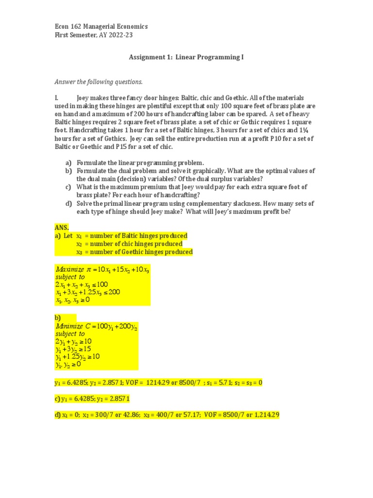 Assignment 1 - Linear Programming I - With Answers | PDF | Linear Programming | Computing