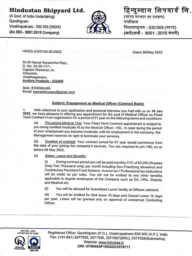 Offer Letter, Dr. Kamal | PDF