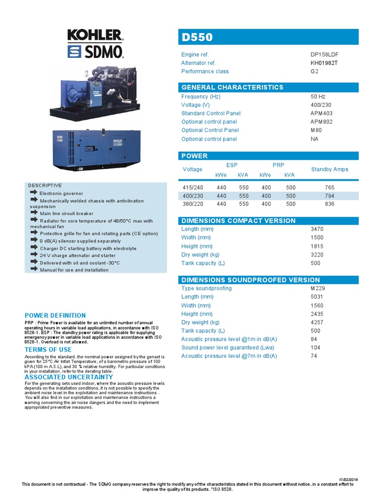 Sdmo d550 Generator Datasheet | PDF | Engines | Decibel