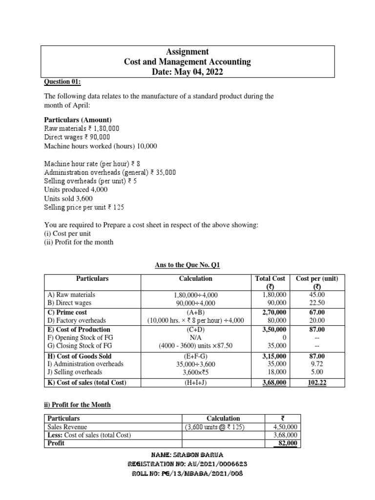 Cost and Management Accounting Assignment | PDF | Cost Of Goods Sold | Cost