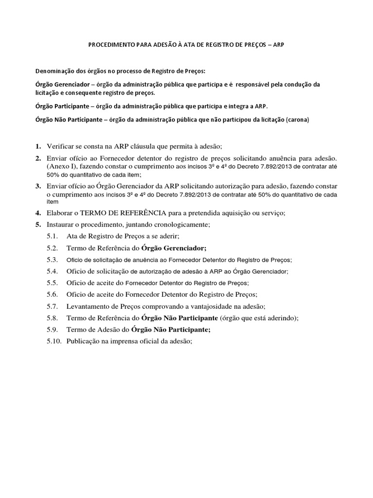Procedimento Para Adesão À Ata De Registro De Preços Pdf