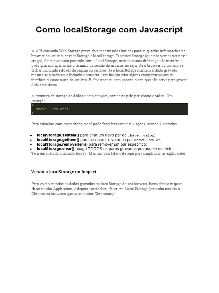 Como Localstorage Com Javascript Pdf Script Java Engenharia Da Computação