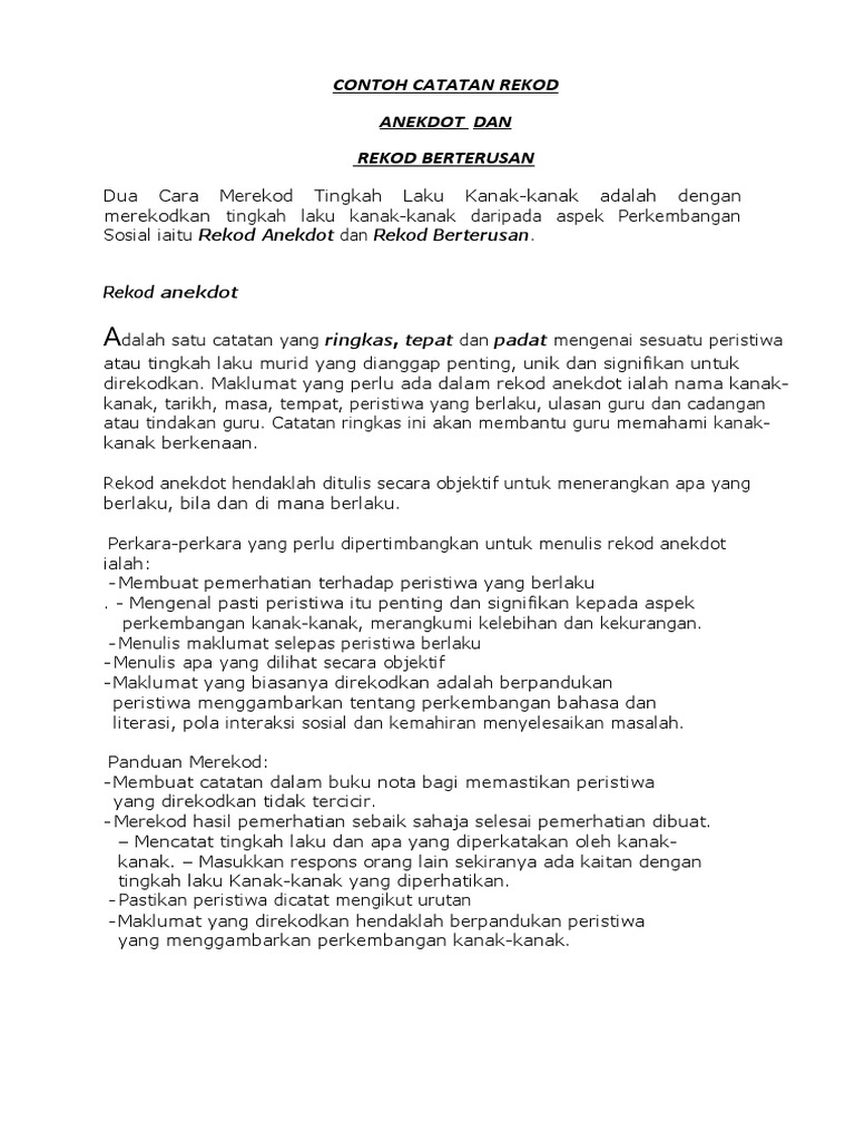 Contoh Penulisan Rekod Anekdot Dan Rekod Berterusan Prasekolah ss2 | PDF