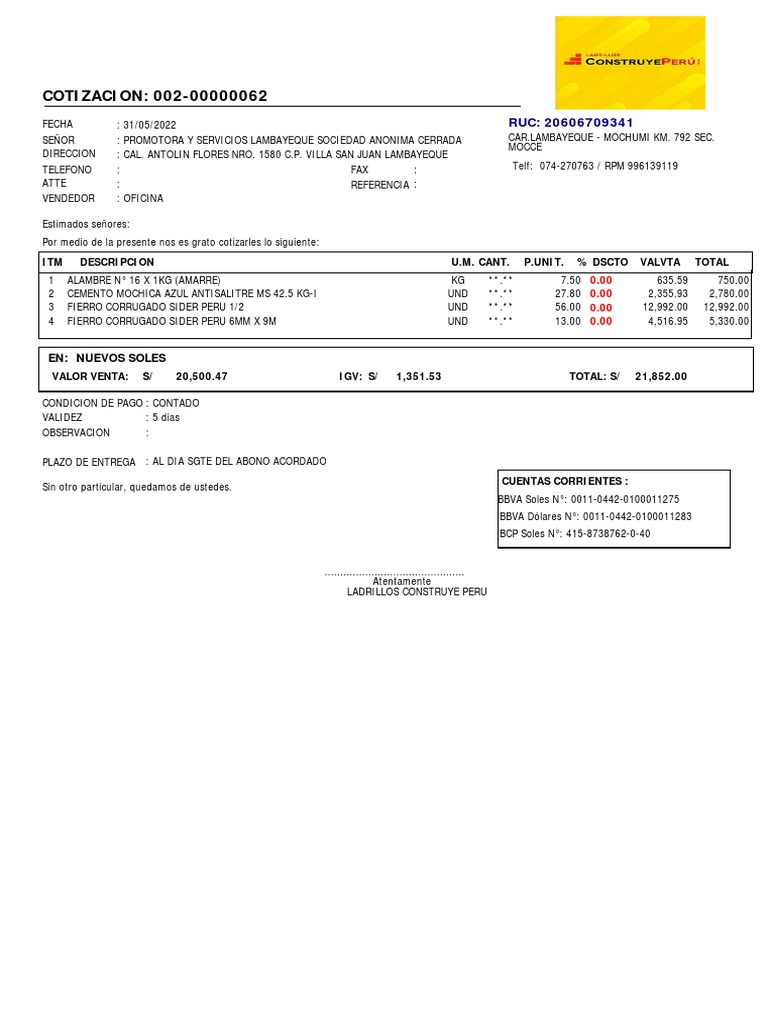 Cotización #002-00000062 Fundo Masaris | PDF