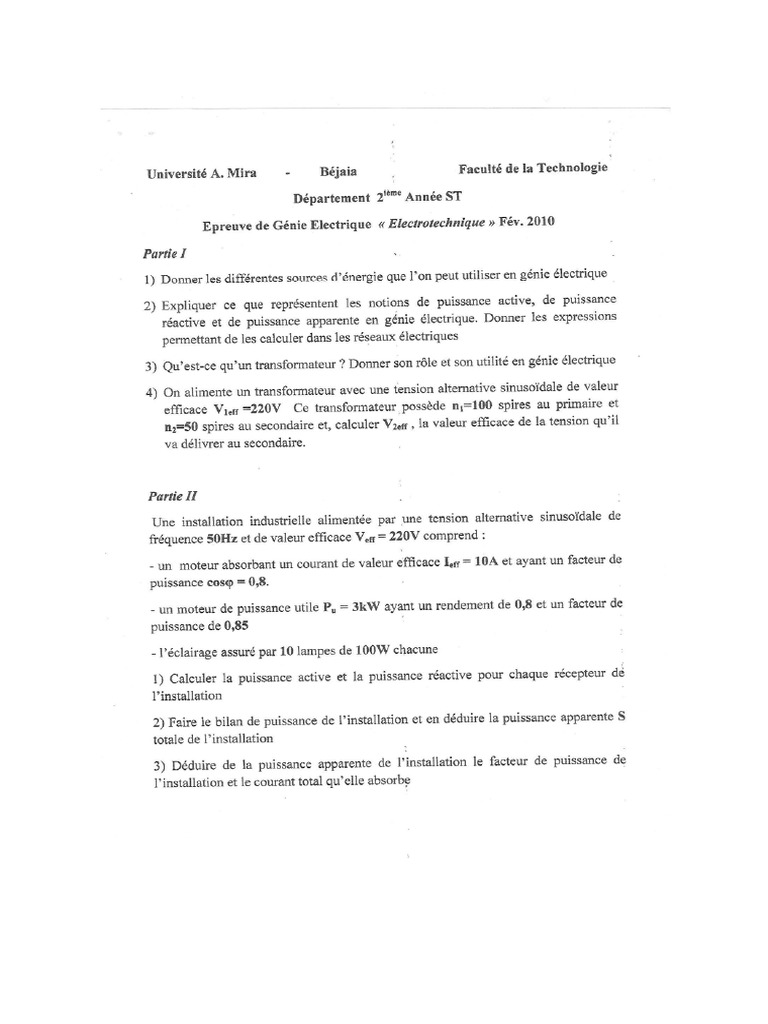 Examen + Correction de Eln+Elt-univ Bejaia 2010 | PDF