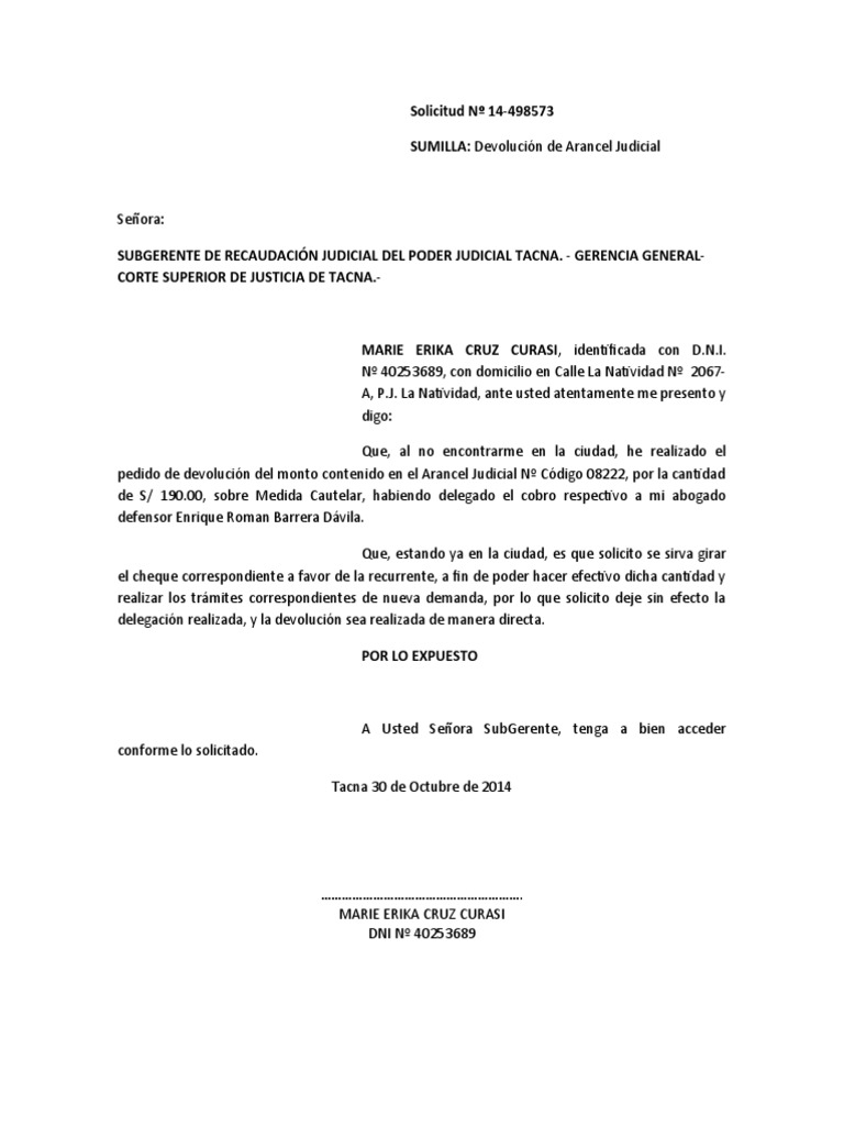 Solicitud de Devolución de Arancel Judicial | PDF